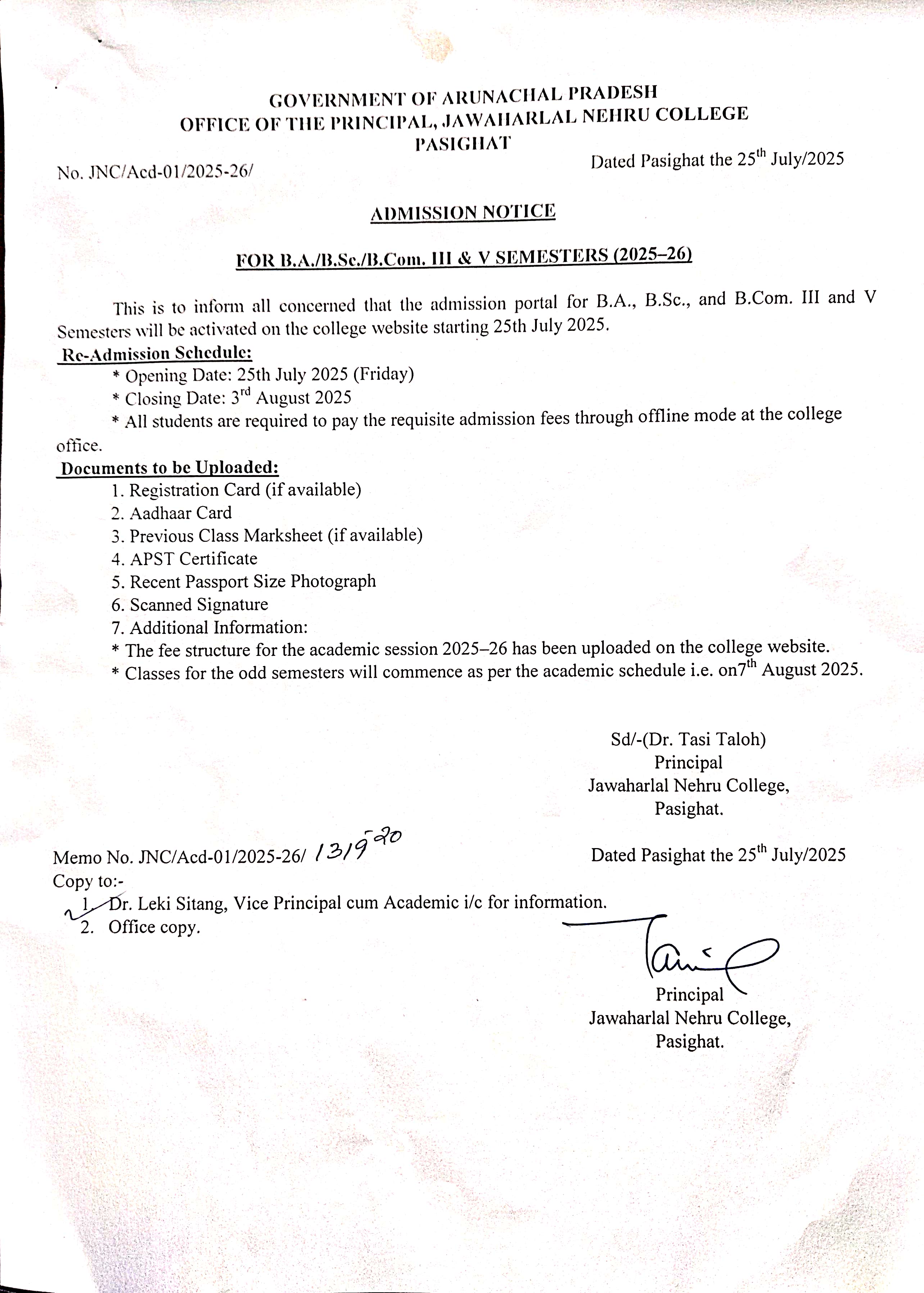 ADMISSION NOTICE FOR III & V SEMESTER STUDENTS